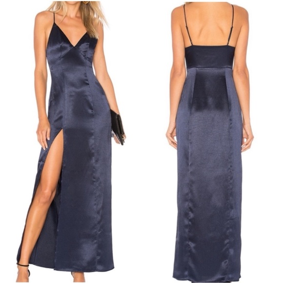 Privacy Please | Dresses | Privacy Please Revolve Navy Satin Slit Maxi ...